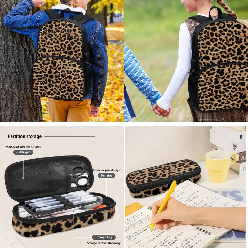 Jndtueit Leopard Spots Girls Boys Lightweight Backpack with Lunch Box, Cheetah Skin Kids BookBag 4 Set Rucksack, Brown Black Water Bottle Holder Pencil Bag for Teens