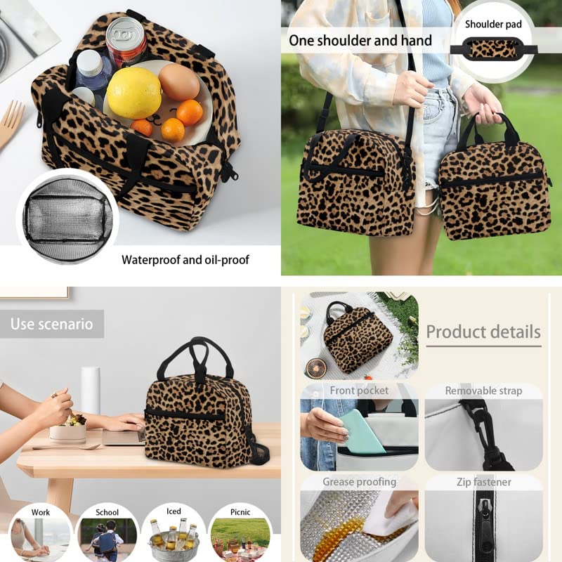 Jndtueit Leopard Spots Girls Boys Lightweight Backpack with Lunch Box, Cheetah Skin Kids BookBag 4 Set Rucksack, Brown Black Water Bottle Holder Pencil Bag for Teens