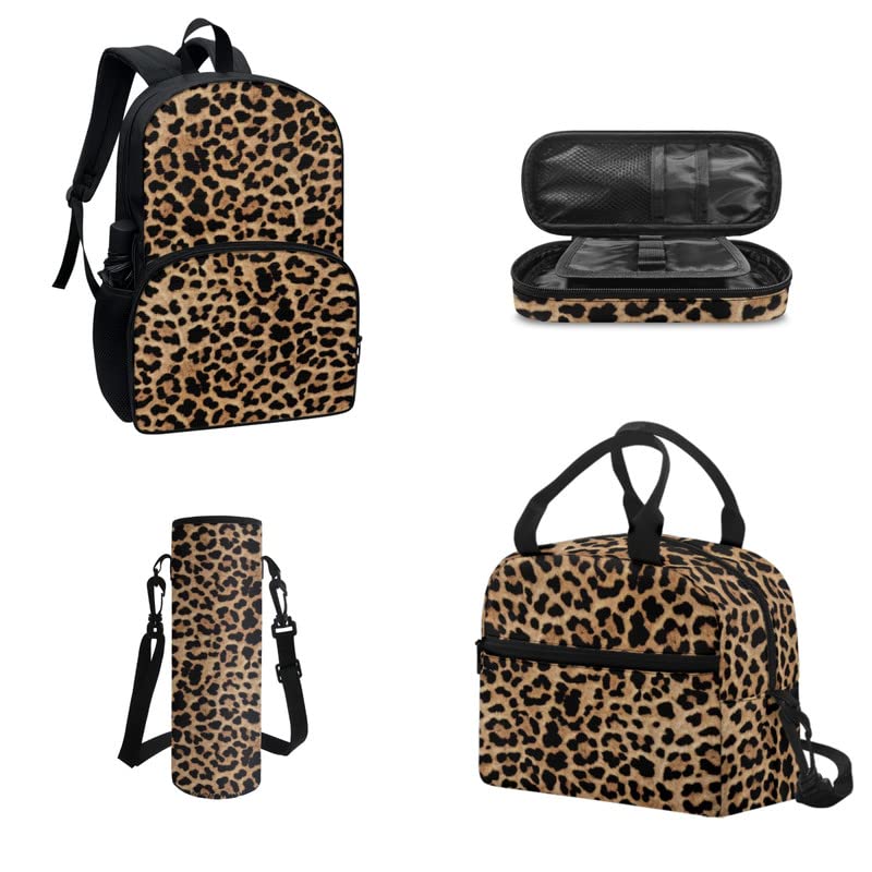 Jndtueit Leopard Spots Girls Boys Lightweight Backpack with Lunch Box, Cheetah Skin Kids BookBag 4 Set Rucksack, Brown Black Water Bottle Holder Pencil Bag for Teens