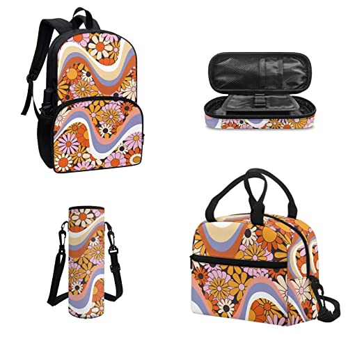 FUIBENG 4 Pcs Backpack for School,Abstract Hippie Groovy Flower Bookbag+Neoprene Insulated Water Bottle Holder With Adjust Strap Lunch Box +Pen Case Boys Girls Back to School Gift