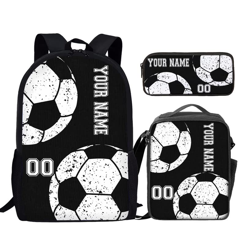 Bulopur Soccer Love Personalized Name & Number Boys Girls Backpack Set Student School Bookbag 3 Set Lunch Bag Pencil Case Fashion Daypack