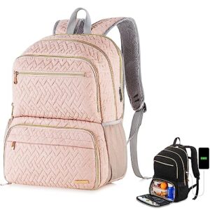 baoxa lunch backpack for women, 17 inch laptop backpack with usb charging port, large computer backpack with lunch compartment, insulated backpack lunch bag for work travel (pink, 17in)