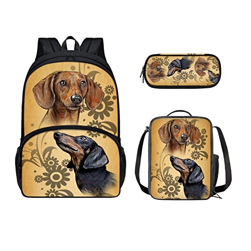 Salabomia Dachshund School Bookbag Set 3 for Boys Girls, Boho Durable Lightweight Kids Book Bag with Thermal Insulated Lunch Box Bag Cute Kawaii Pencil Case, Large Kids Backpack for Elementary