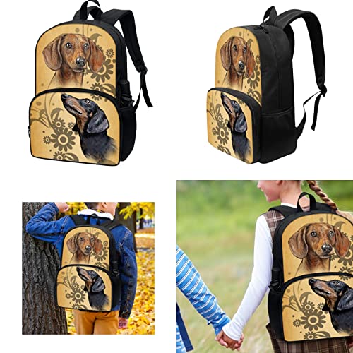 Salabomia Dachshund School Bookbag Set 3 for Boys Girls, Boho Durable Lightweight Kids Book Bag with Thermal Insulated Lunch Box Bag Cute Kawaii Pencil Case, Large Kids Backpack for Elementary