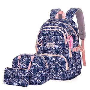 dorlubel girls princess backpack elementary school, heart shape print backpack for girls cute kids kindergarten preschool bookbag with lunch bag and pencil case (dark blue heart shape)