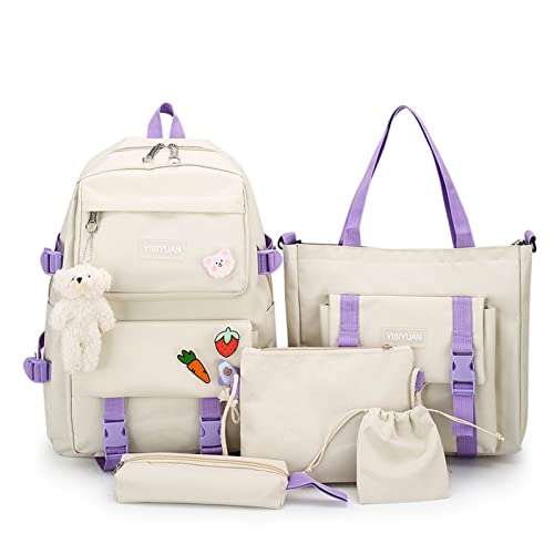 KUJIAPIN Kawaii Backpack Set 5pcs with Pendants, Pen Case, Tote Bag, Small Bag, Small Drawstring Bag for School Teens Girls(Off-white)