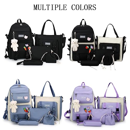 KUJIAPIN Kawaii Backpack Set 5pcs with Pendants, Pen Case, Tote Bag, Small Bag, Small Drawstring Bag for School Teens Girls(Off-white)