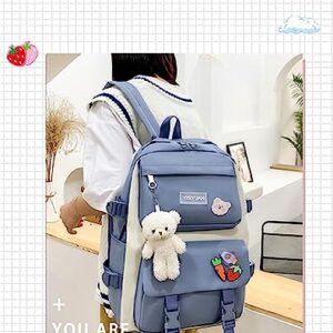 KUJIAPIN Kawaii Backpack Set 5pcs with Pendants, Pen Case, Tote Bag, Small Bag, Small Drawstring Bag for School Teens Girls(Off-white)