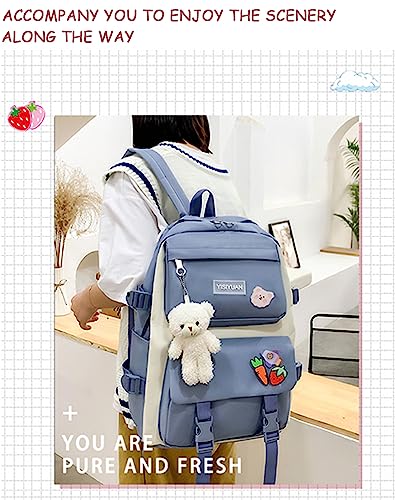 KUJIAPIN Kawaii Backpack Set 5pcs with Pendants, Pen Case, Tote Bag, Small Bag, Small Drawstring Bag for School Teens Girls(Off-white)