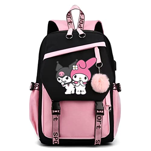 Cihuiung Cute Cool Backpack for Teens Girls, Kawaii Backpack with Kawaii Pins Accessories, Backpack Bookbag Outdoor Daypack with USB Charge Port (21 Liters, Black Pink)