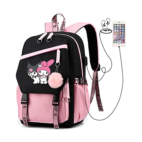 Cihuiung Cute Cool Backpack for Teens Girls, Kawaii Backpack with Kawaii Pins Accessories, Backpack Bookbag Outdoor Daypack with USB Charge Port (21 Liters, Black Pink)