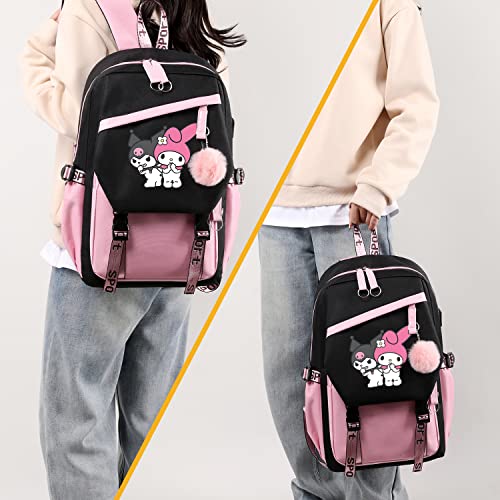 Cihuiung Cute Cool Backpack for Teens Girls, Kawaii Backpack with Kawaii Pins Accessories, Backpack Bookbag Outdoor Daypack with USB Charge Port (21 Liters, Black Pink)