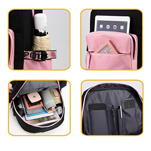 Cihuiung Cute Cool Backpack for Teens Girls, Kawaii Backpack with Kawaii Pins Accessories, Backpack Bookbag Outdoor Daypack with USB Charge Port (21 Liters, Black Pink)