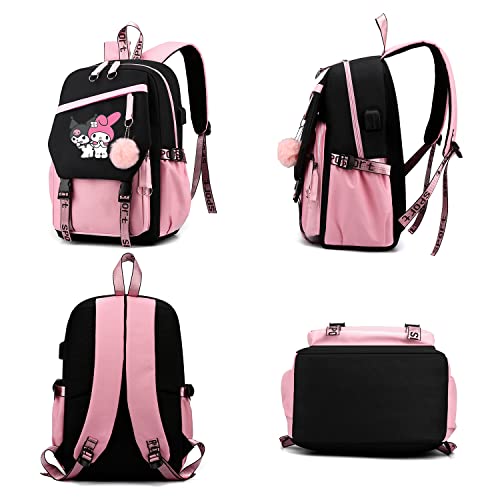 Cihuiung Cute Cool Backpack for Teens Girls, Kawaii Backpack with Kawaii Pins Accessories, Backpack Bookbag Outdoor Daypack with USB Charge Port (21 Liters, Black Pink)