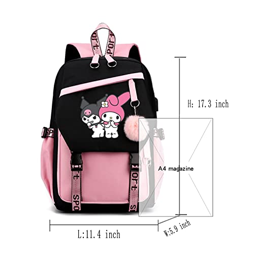 Cihuiung Cute Cool Backpack for Teens Girls, Kawaii Backpack with Kawaii Pins Accessories, Backpack Bookbag Outdoor Daypack with USB Charge Port (21 Liters, Black Pink)