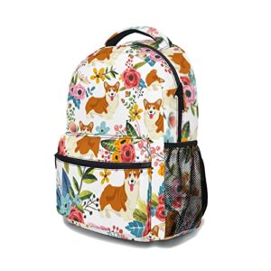 Cute Welsh Corgi Dog Backpack - Funny Puppy Backpacks for Kids Lovely Dogs with Spring Flowers Design Bookbag Travel Laptop Daypack School Book Bag for Girls Boys Teens