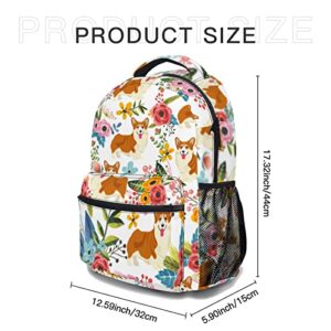 Cute Welsh Corgi Dog Backpack - Funny Puppy Backpacks for Kids Lovely Dogs with Spring Flowers Design Bookbag Travel Laptop Daypack School Book Bag for Girls Boys Teens