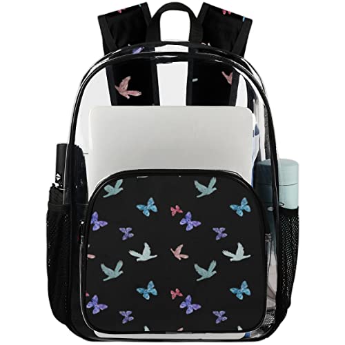 cfpolar Butterfly and Birds Clear Backpack Heavy Duty Transparent Bookbag for Women Men See Through PVC Backpack for Security, Work, Sports, Stadium