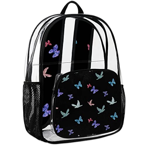 cfpolar Butterfly and Birds Clear Backpack Heavy Duty Transparent Bookbag for Women Men See Through PVC Backpack for Security, Work, Sports, Stadium