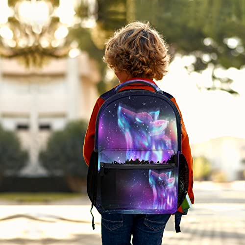 aportt Galaxy Wolf Backpack for Boys Girls Space Stars Wolf Purple Blue Durable Casual Basic Kids Bookbag Cool Lightweight School Bag for Teens Students Travel Hiking Camping Daypack