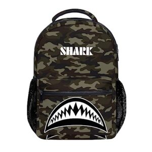 cbntnaf camo daypack for women men, shark teeth bookbag for boys girls, large capacity lightweight backpack for school work camping hiking