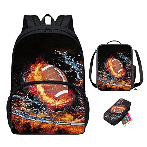 DMOYALA 3 Piece School Backpack Set Kids School Bag and Lunch Box Pencil Box, 3 in 1 Water and Fire Sports Rugby Pattern Backpack 17 Inch School Backpack for Teens Lightweight Backpack