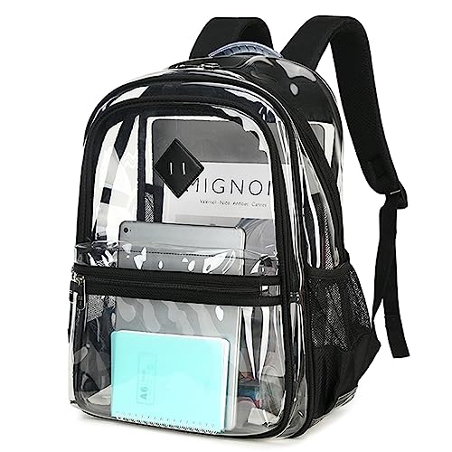 ASKSKY Clear Backpack Stadium Approved, Thriple Compartments Book Bag Heavy Duty PVC See Through Backpack for School for College Travel Work Festival, Black