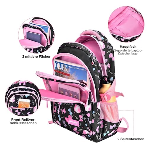 EFBJIXY School Backpack Girls Set 3 IN 1 Cute bookbags with Lunch Box Pencil Case Schoolbag Middle Elementary Preschool Kindergarten Supplies for Teen Little Children Student Black