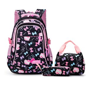 efbjixy school backpack girls set 3 in 1 cute bookbags with lunch box pencil case schoolbag middle elementary preschool kindergarten supplies for teen little children student black