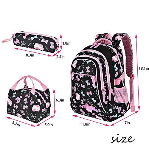 EFBJIXY School Backpack Girls Set 3 IN 1 Cute bookbags with Lunch Box Pencil Case Schoolbag Middle Elementary Preschool Kindergarten Supplies for Teen Little Children Student Black