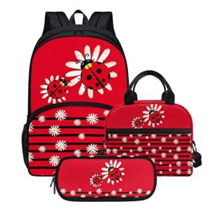 agoviwo ladybug design school backpack set for girls 10-12 years old book bag, lunch bag and pencil case