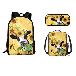 lotusorchid cow sunflower kids school bookbag set 3, light durable kids school backpack for elementary junior school, boys girls insulated lunch box bag with cute kawaii pencil case, yellow