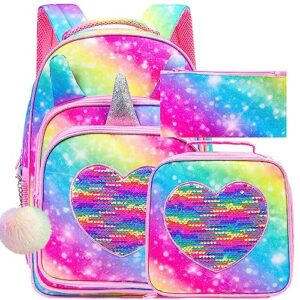 gxtvo 3pcs girls backpack, 16" unicorn rainbow sequin preschool elementary bookbag and lunch box