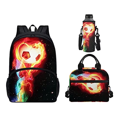 Poetesant Colorful Fire Football Black 3 Pack School Bookbag+Picnic Organizer+Water Bottle Bag Flaming Soccer Ball Backpack with Lunch Bag Water Bottle Strap