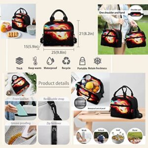 Poetesant Colorful Fire Football Black 3 Pack School Bookbag+Picnic Organizer+Water Bottle Bag Flaming Soccer Ball Backpack with Lunch Bag Water Bottle Strap