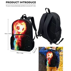 Poetesant Colorful Fire Football Black 3 Pack School Bookbag+Picnic Organizer+Water Bottle Bag Flaming Soccer Ball Backpack with Lunch Bag Water Bottle Strap