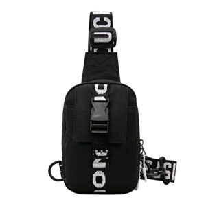 long keeper small sling bag crossbody bag men lightweight chest backpack shoulder bags for hiking cycling traveling running (black with white letters strap)