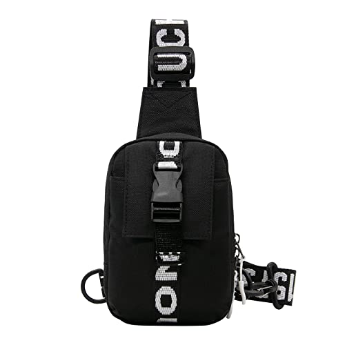 Long Keeper Small Sling Bag Crossbody Bag Men Lightweight Chest Backpack Shoulder Bags for Hiking Cycling Traveling Running (Black with White Letters Strap)