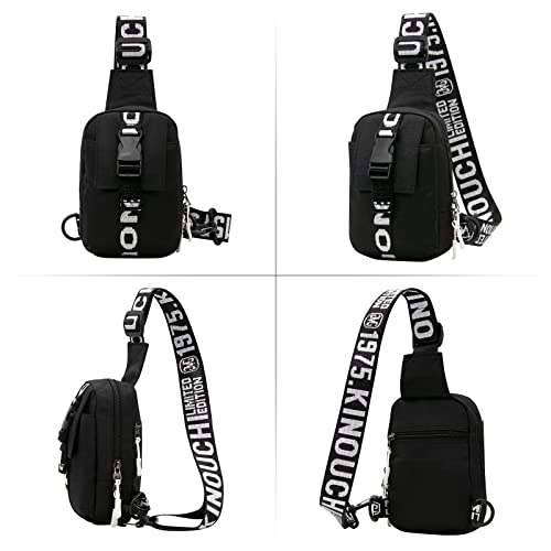 Long Keeper Small Sling Bag Crossbody Bag Men Lightweight Chest Backpack Shoulder Bags for Hiking Cycling Traveling Running (Black with White Letters Strap)