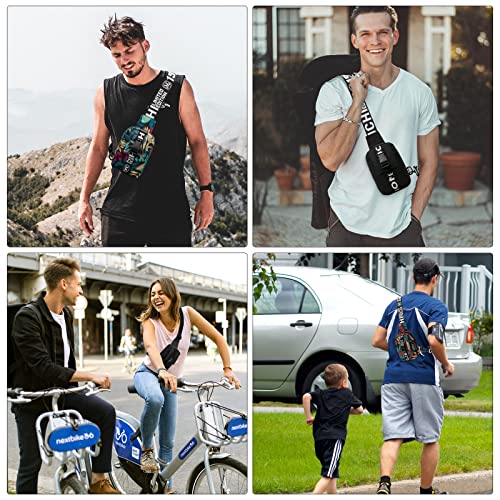 Long Keeper Small Sling Bag Crossbody Bag Men Lightweight Chest Backpack Shoulder Bags for Hiking Cycling Traveling Running (Black with White Letters Strap)