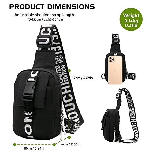 Long Keeper Small Sling Bag Crossbody Bag Men Lightweight Chest Backpack Shoulder Bags for Hiking Cycling Traveling Running (Black with White Letters Strap)