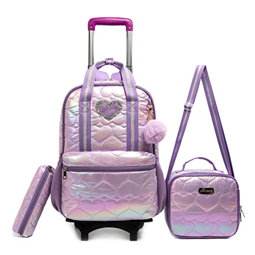 ZBAOGTW Rolling Backpack for Girls School Backpack with Wheels Kids Roller Backpack with Lunch Bag for Elementary School