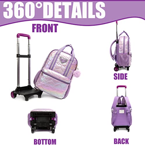 ZBAOGTW Rolling Backpack for Girls School Backpack with Wheels Kids Roller Backpack with Lunch Bag for Elementary School