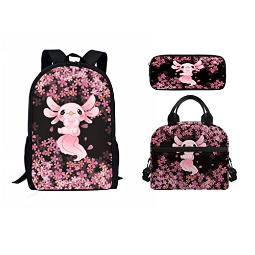 Salabomia Axolotl School Bookbag Set 3, Large Comfortable Kid Backpack for School with Lunchbox Bag Cute Kawaii Pencil Case, Lightweight Durable Kid School Backpack, Pink and Black