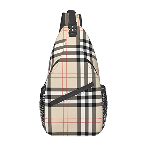 Wulilenxue Beige Check Tartan Plaid Sling Backpack, Crossbody Triangle Sling Bag Casual Chest Bags, Travel Hiking Daypack for Men Women Shoulder Bag