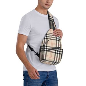 Wulilenxue Beige Check Tartan Plaid Sling Backpack, Crossbody Triangle Sling Bag Casual Chest Bags, Travel Hiking Daypack for Men Women Shoulder Bag