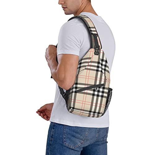 Wulilenxue Beige Check Tartan Plaid Sling Backpack, Crossbody Triangle Sling Bag Casual Chest Bags, Travel Hiking Daypack for Men Women Shoulder Bag