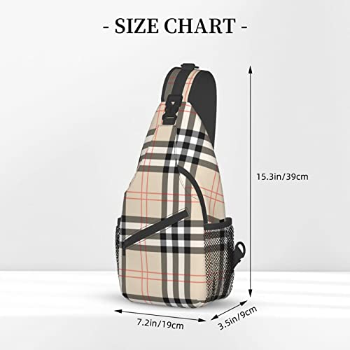 Wulilenxue Beige Check Tartan Plaid Sling Backpack, Crossbody Triangle Sling Bag Casual Chest Bags, Travel Hiking Daypack for Men Women Shoulder Bag