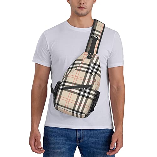 Wulilenxue Beige Check Tartan Plaid Sling Backpack, Crossbody Triangle Sling Bag Casual Chest Bags, Travel Hiking Daypack for Men Women Shoulder Bag