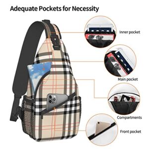 Wulilenxue Beige Check Tartan Plaid Sling Backpack, Crossbody Triangle Sling Bag Casual Chest Bags, Travel Hiking Daypack for Men Women Shoulder Bag